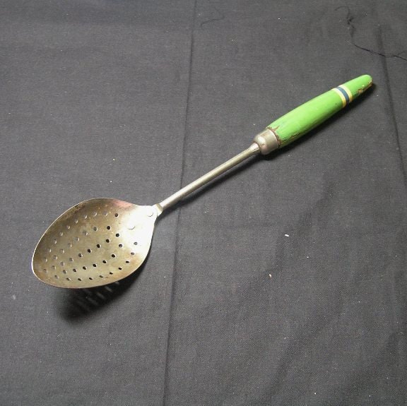 1950s Vintage Green Painted Wood Handle Slotted Spoon by A & J, Made in ...