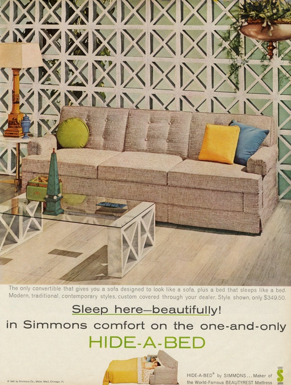 1960 Simmons Hide-a-Bed Sofa Ad 60s Home Interior Design Fold-out Couch ...