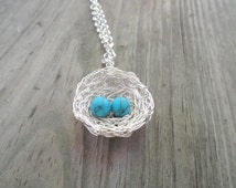 Three eggs on nest,turquoise pendant, nest necklace, Birds nest pendant ...