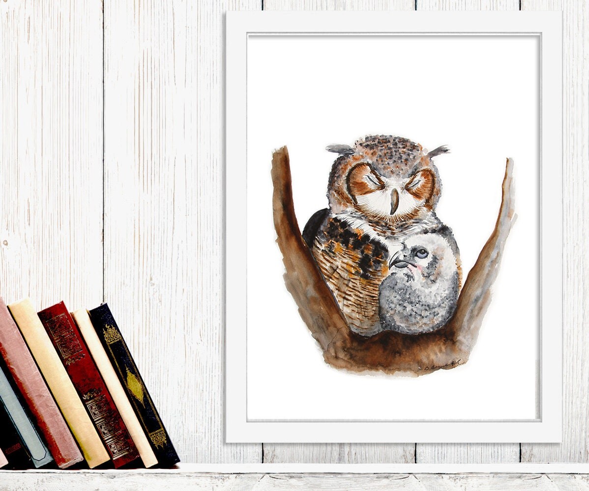 Gift for Mom Owl Watercolor Painting Owl Art for Her for