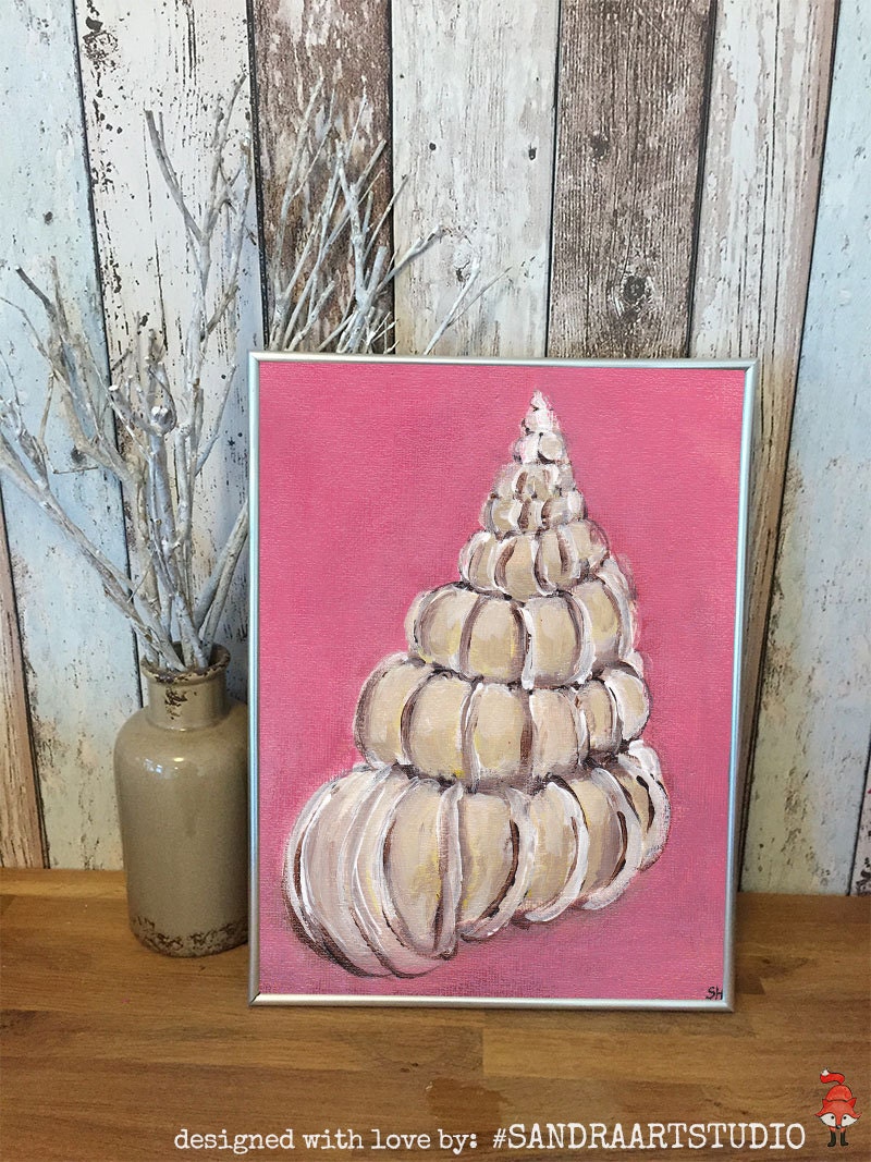 Shell print, digital print of a shell painting, white shell with a pink ...