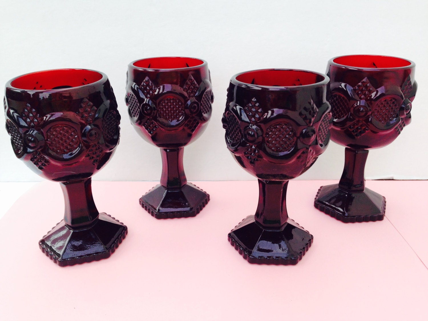 Vintage set of 4 Avon “1876 Cape Cod” ruby red water/wine goblets ...