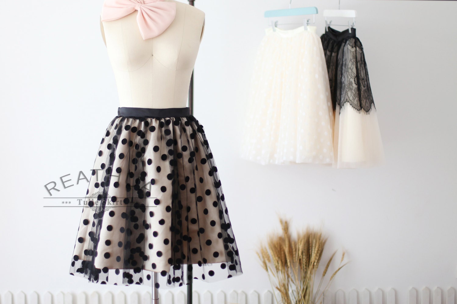 Champagne Black Polka Dots Tulle Skirt Short Women Tulle