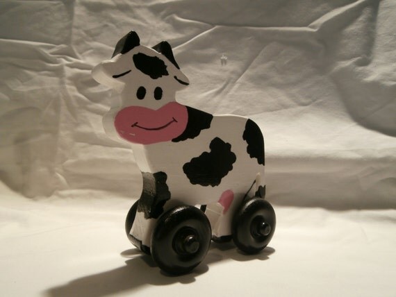 wooden toy cowon wheels farm animal wood by GmaGpaCrafts on Etsy