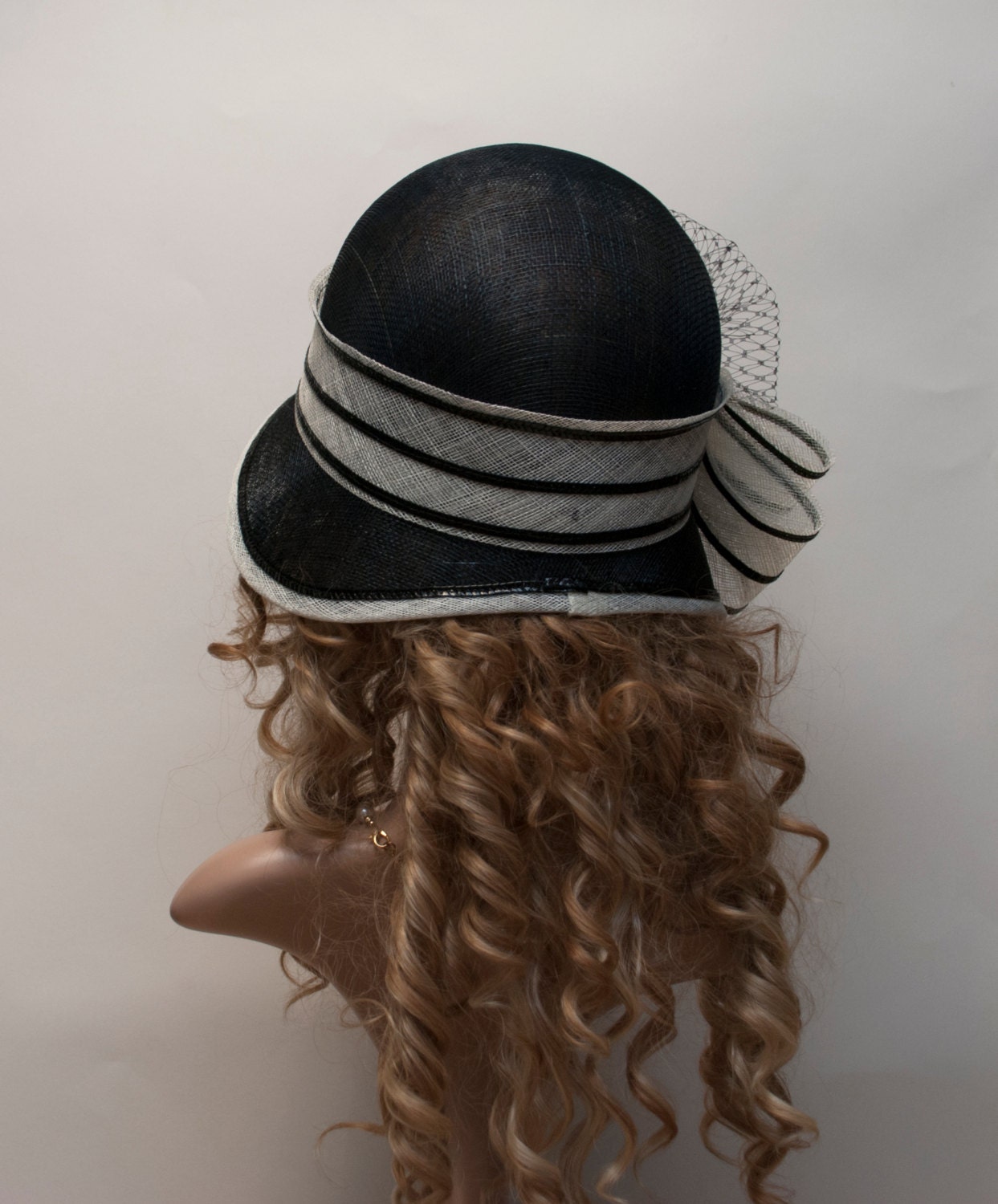 Navy and white vintage cloche hat for women Gatsby cloche hat