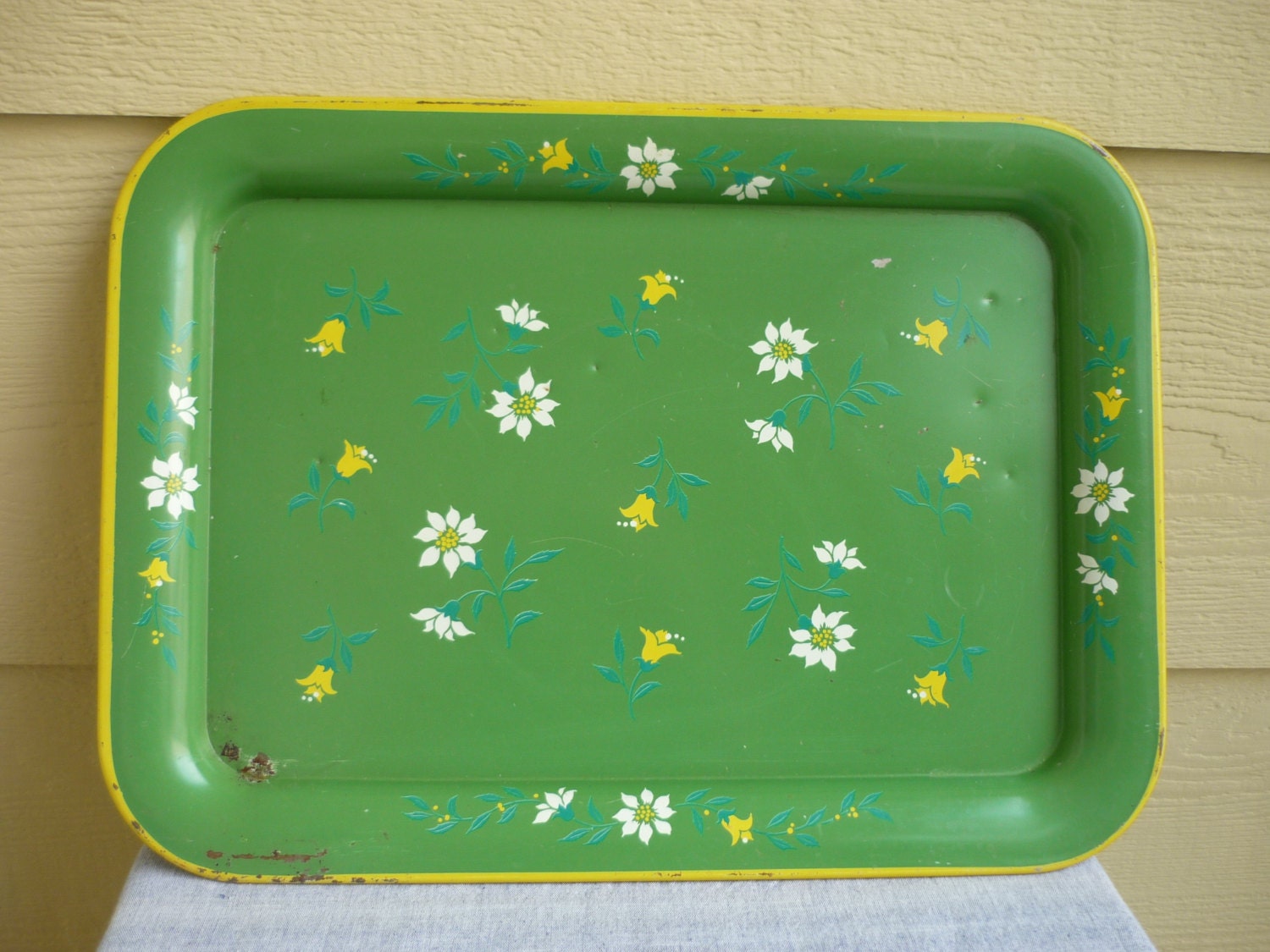 Vintage green floral metal tray, rustic painted metal tray, yellow rim ...