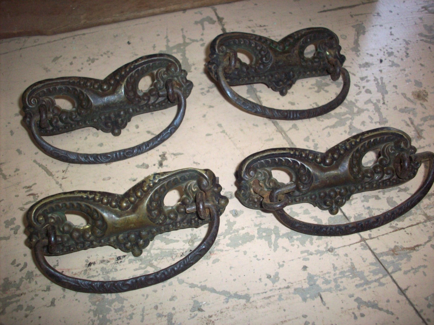 Antique Stamped Brass Furniture Hardware with DEEP PATINA Bail Handles ...