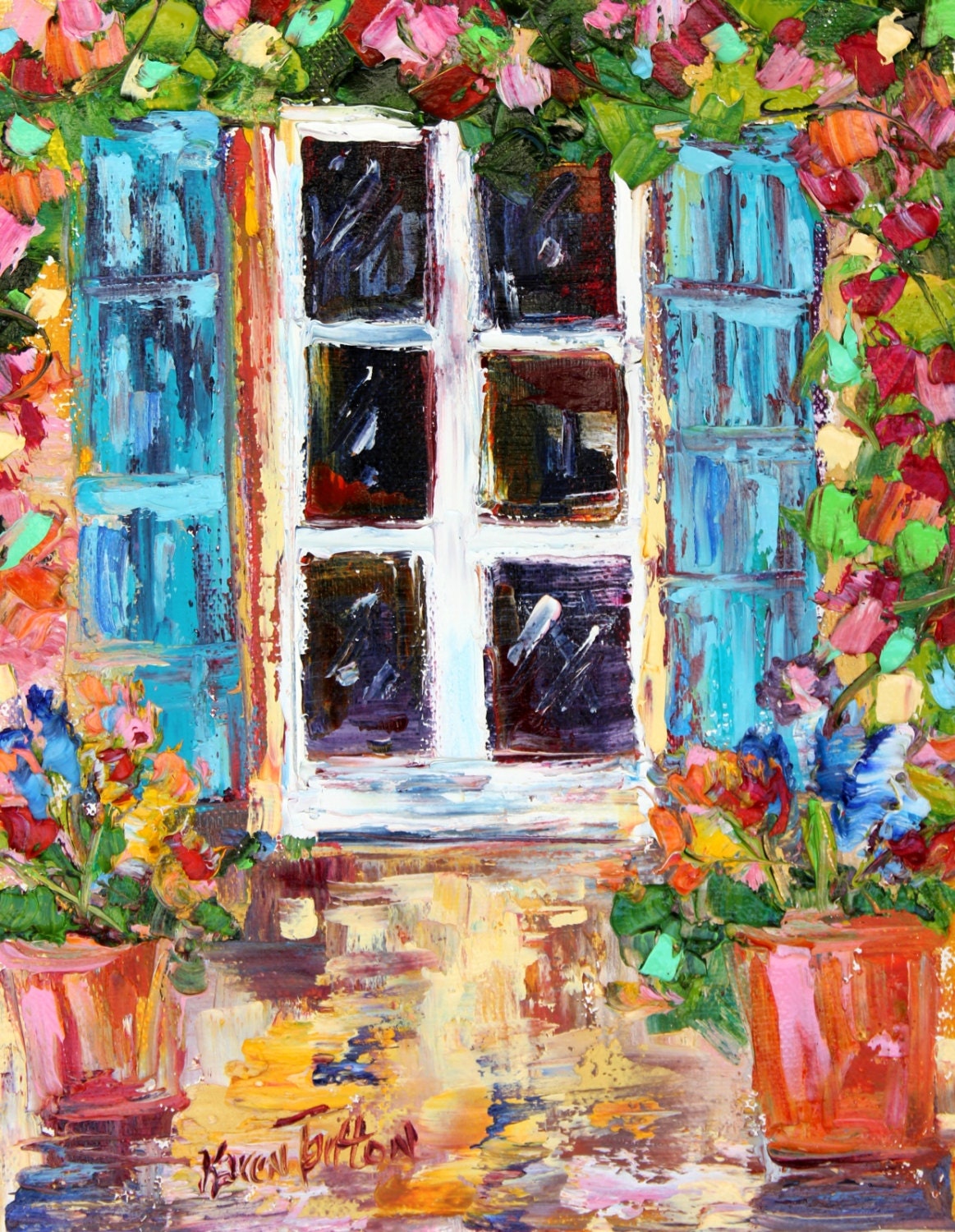 Original oil painting Italy Window with Flowers palette knife