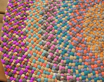 Vintage Wool Round Braided Rug in Aqua and Coral by mrsginther