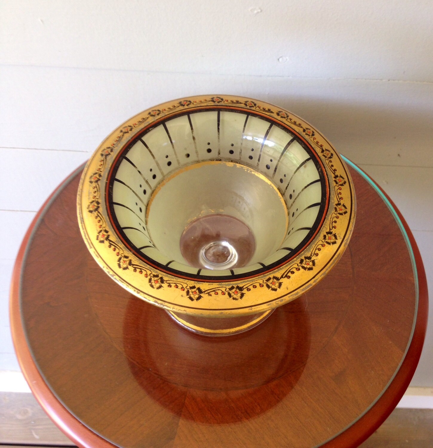 Vintage 1920s Glass Art Deco Compote / Small Handpainted Frosted Green ...