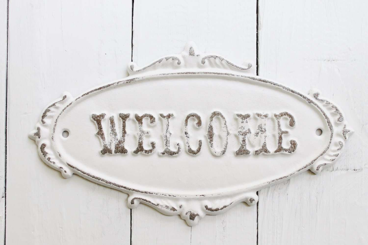 White WELCOME Sign Plaque-Rustic Cast Iron Old