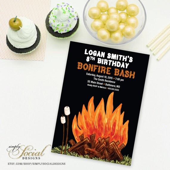 Campfire Kid's Birthday Party Invitation with Marshmallows PRINTABLE