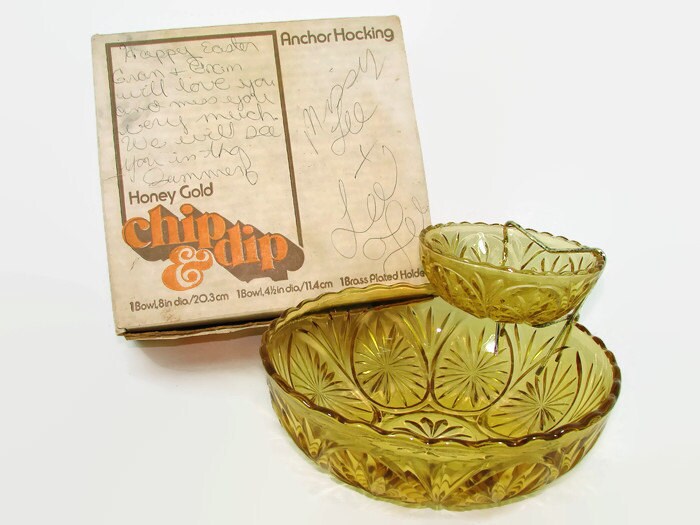Anchor Hocking Honey Gold Chip And Dip Set In Original Box Vintage