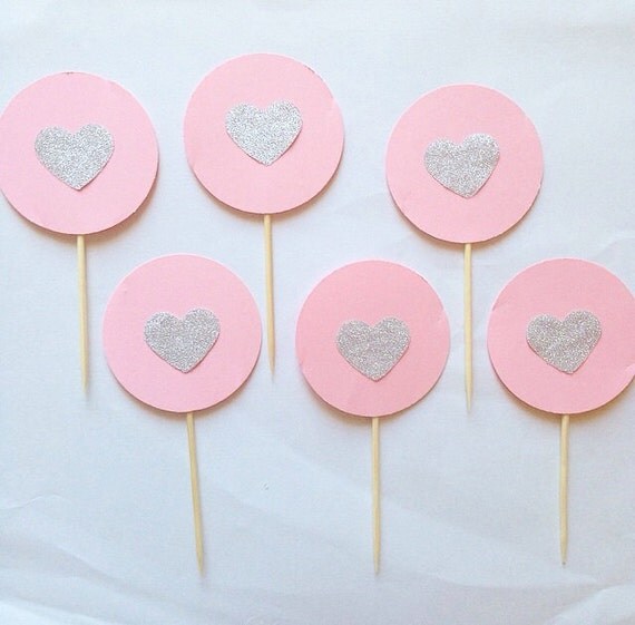 Items similar to Pink circle and silver glitter heart Cupcake Toppers ...
