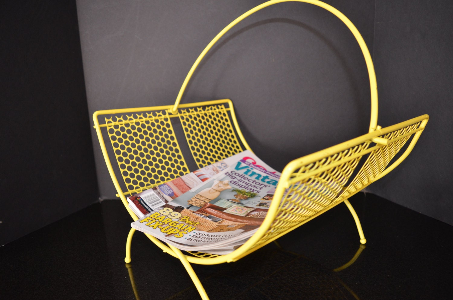 Mid Century Yellow Magazine Holder – Metal Magazine Rack – Atomic Era ...