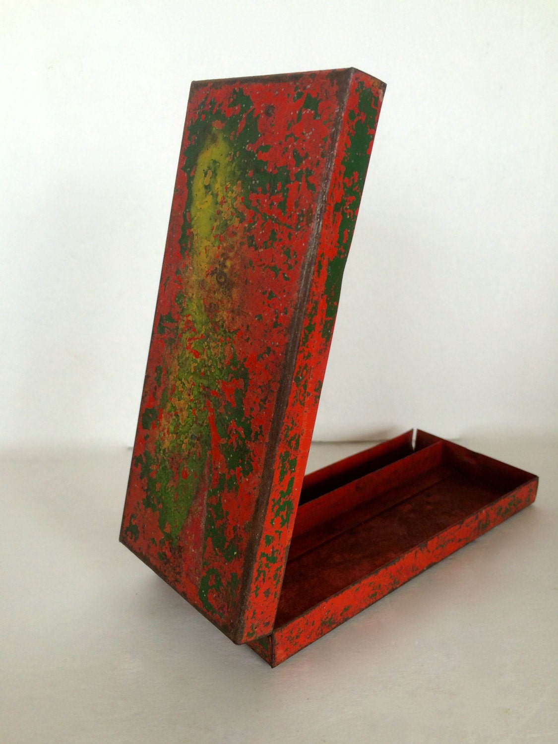 Industrial Metal Box Chippy Red Green Vintage Small Tool Box Hinged Red ...