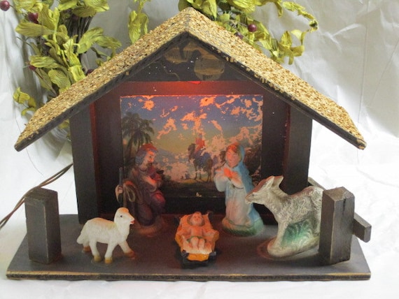 Nativity scene / vintage nativity set / wood stable