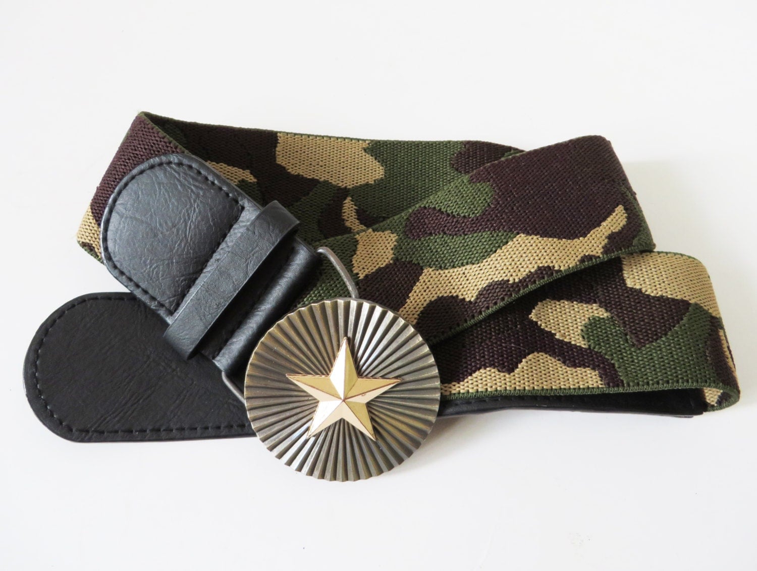 Camouflage Elastic Belt Metal Star Buckle Green Brown Camo Vegan ...