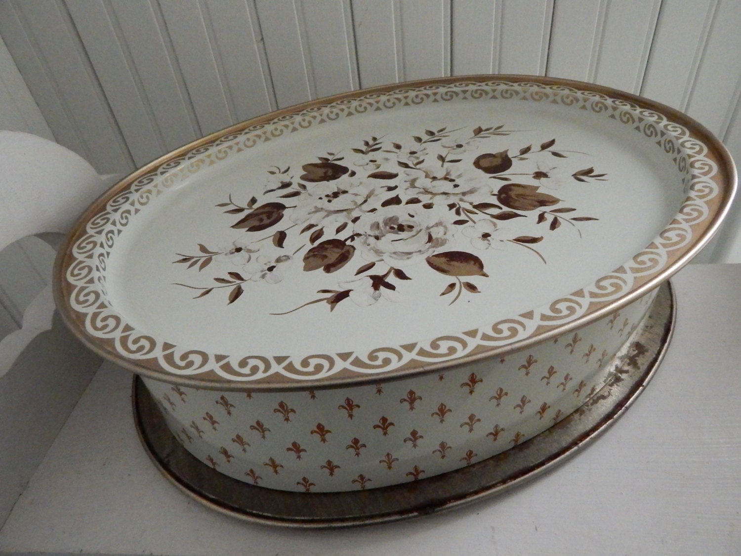 Grandmother’s Large Button Tin Container – Cream with Gold Design and ...