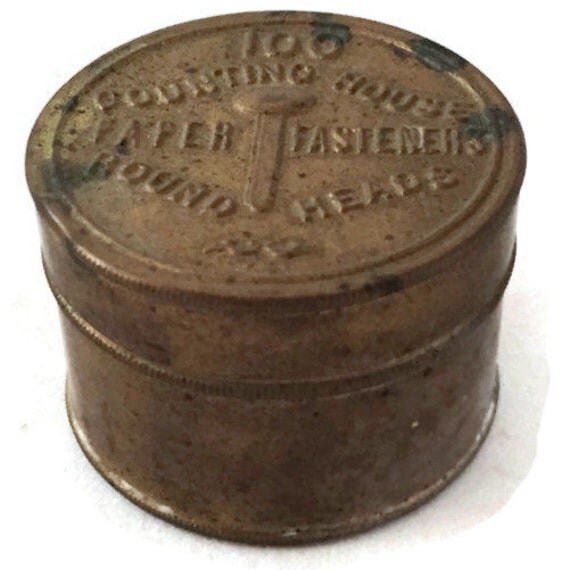 Antique Counting House Paper Fasteners Flat Head Brass Tin