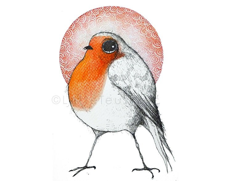 Red robin, bird illustration, original drawing, OOAK, whimsical animal ...