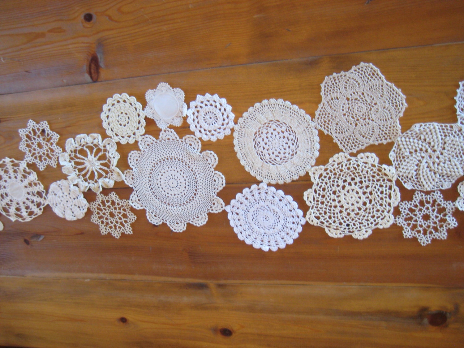 Crocheted Doily Table Runner Vintage Neutral Colors Made