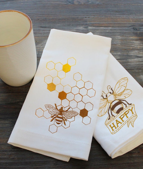 Honeycomb Bee Embroidered Flour Sack Hand/Dish by NufnufCreations