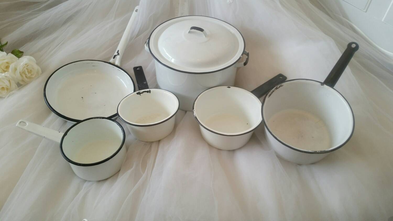 Set of SIX Vintage Enamelware Pots and Pans…Farmhouse Cottage Shabby ...