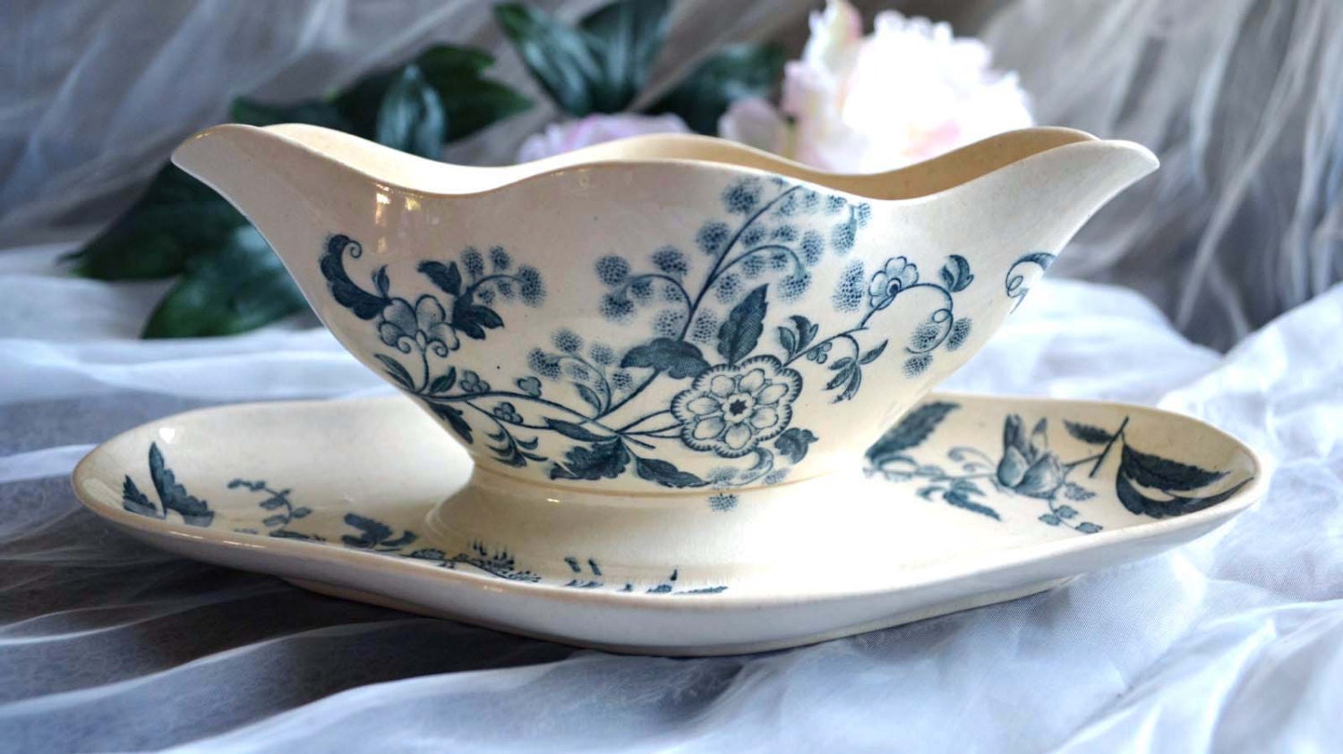Antique French Ceramic Ironstone Blue Transferware Gravy Boat Sauce Jug ...