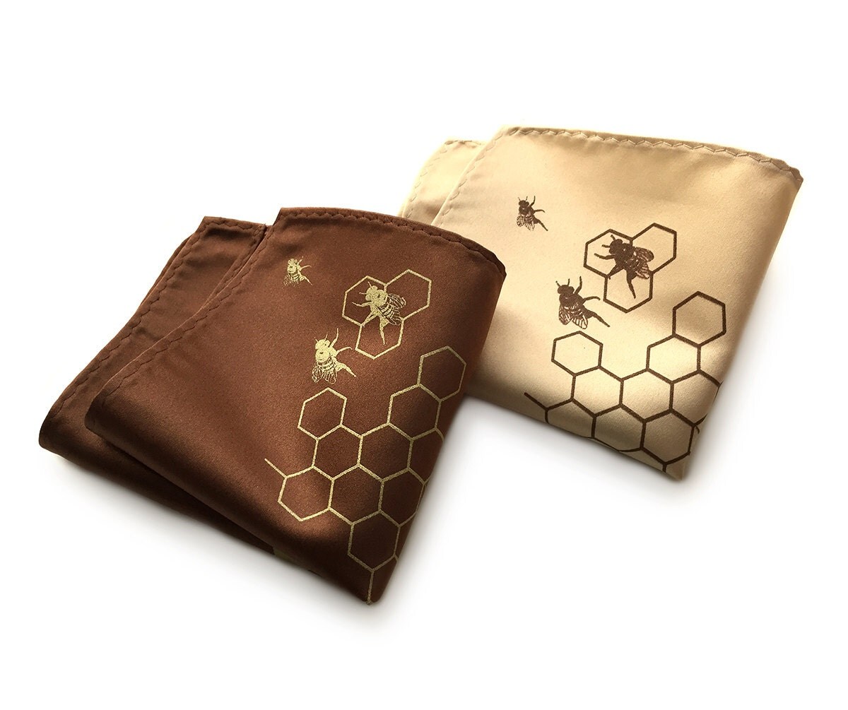 Honey Bee pocket square. Bee hive honeycomb screenprinted