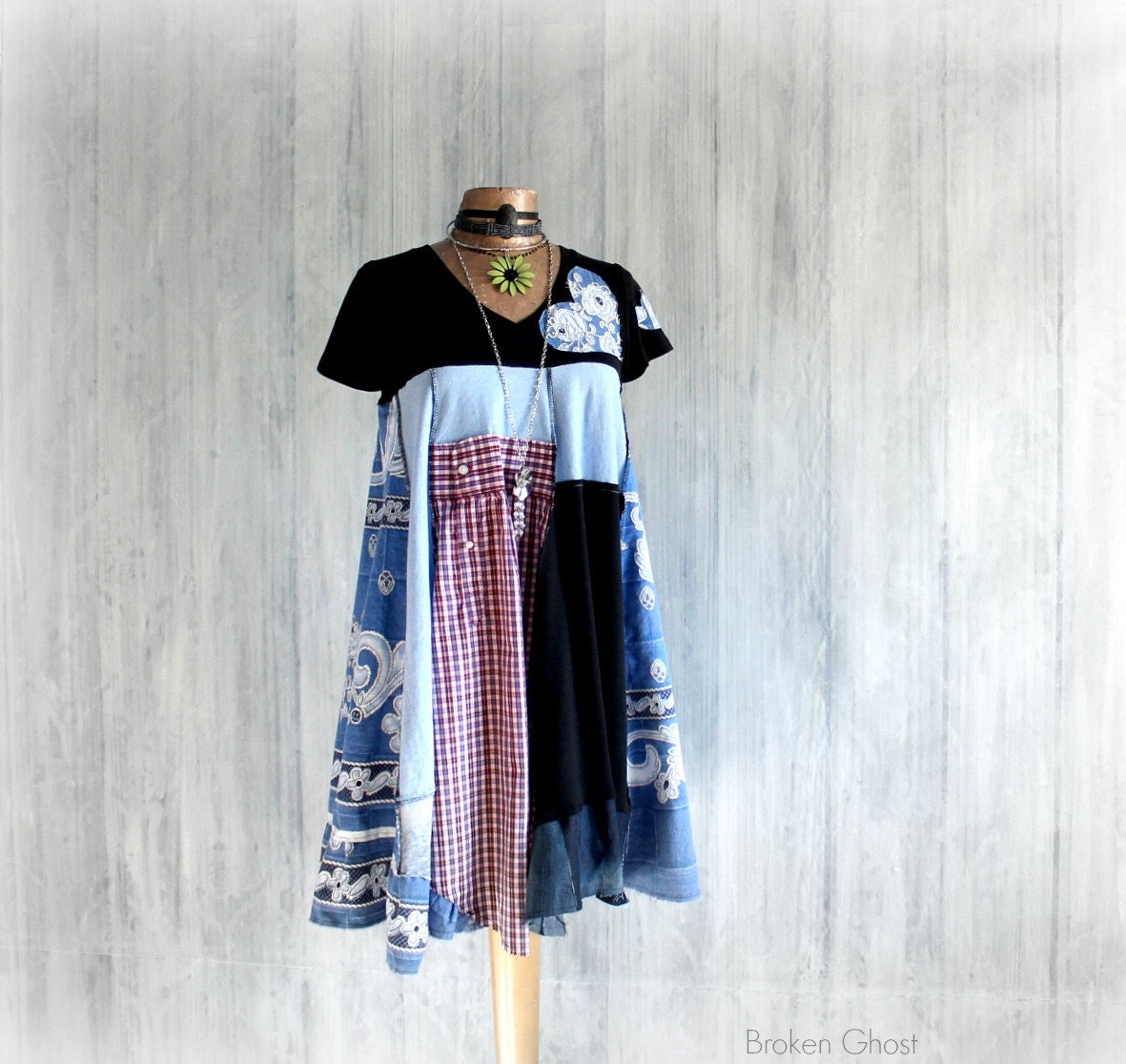 Blue Patchwork Hippie Dress Boho Women's by BrokenGhostClothing