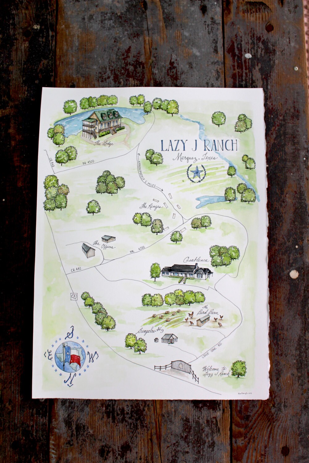Texas Custom Ranch Farm Map Illustrated Texas Watercolor