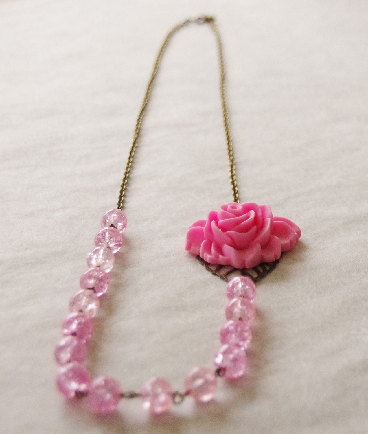 Pink Flower Necklace Pink Rose Statement Necklace Vintage