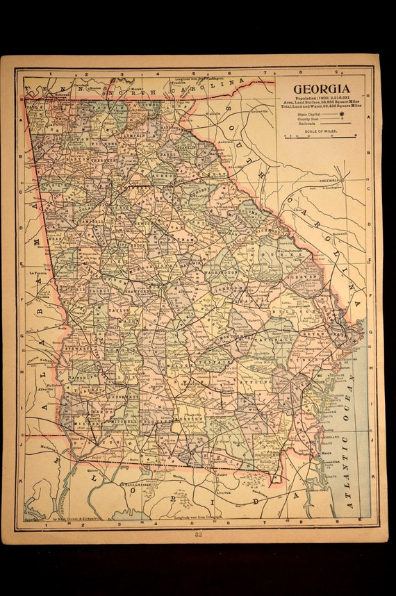 Antique Map Georgia State Early 1900s Original 1900