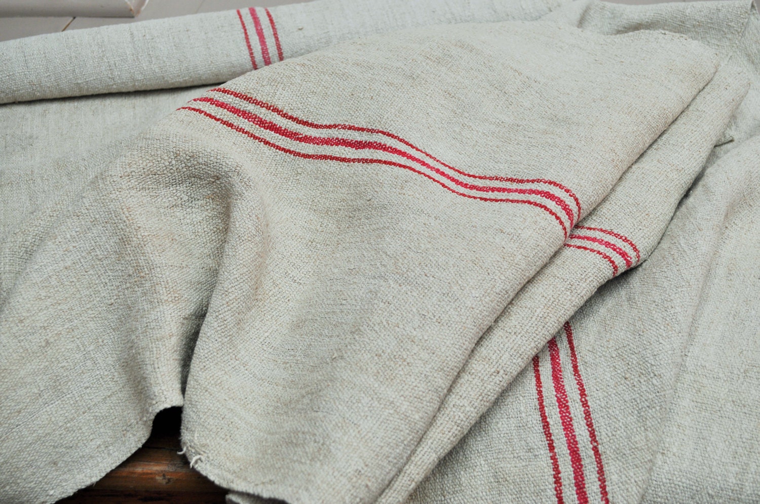 Roll handwoven hemp linen – Antique French vintage linen – Red stripes ...