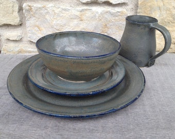 Dragonfly 4pc pottery dinnerware set with embossed dragonflies