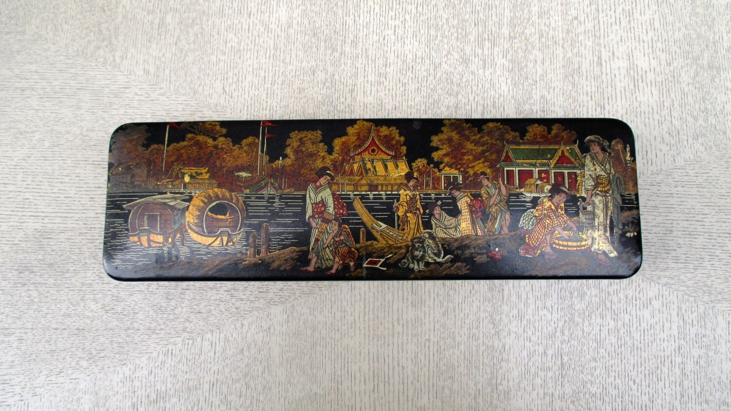 Vintage Hand Painted Black Lacquered Japanese Box – Long Thin Box ...