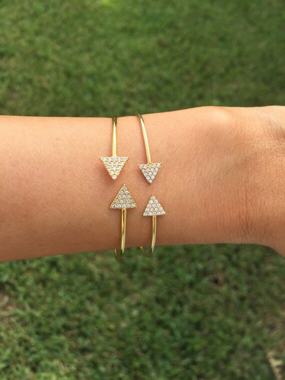 Triangle bangle bracelet. Silver triangle bangle with CZ. Pave triangle ...