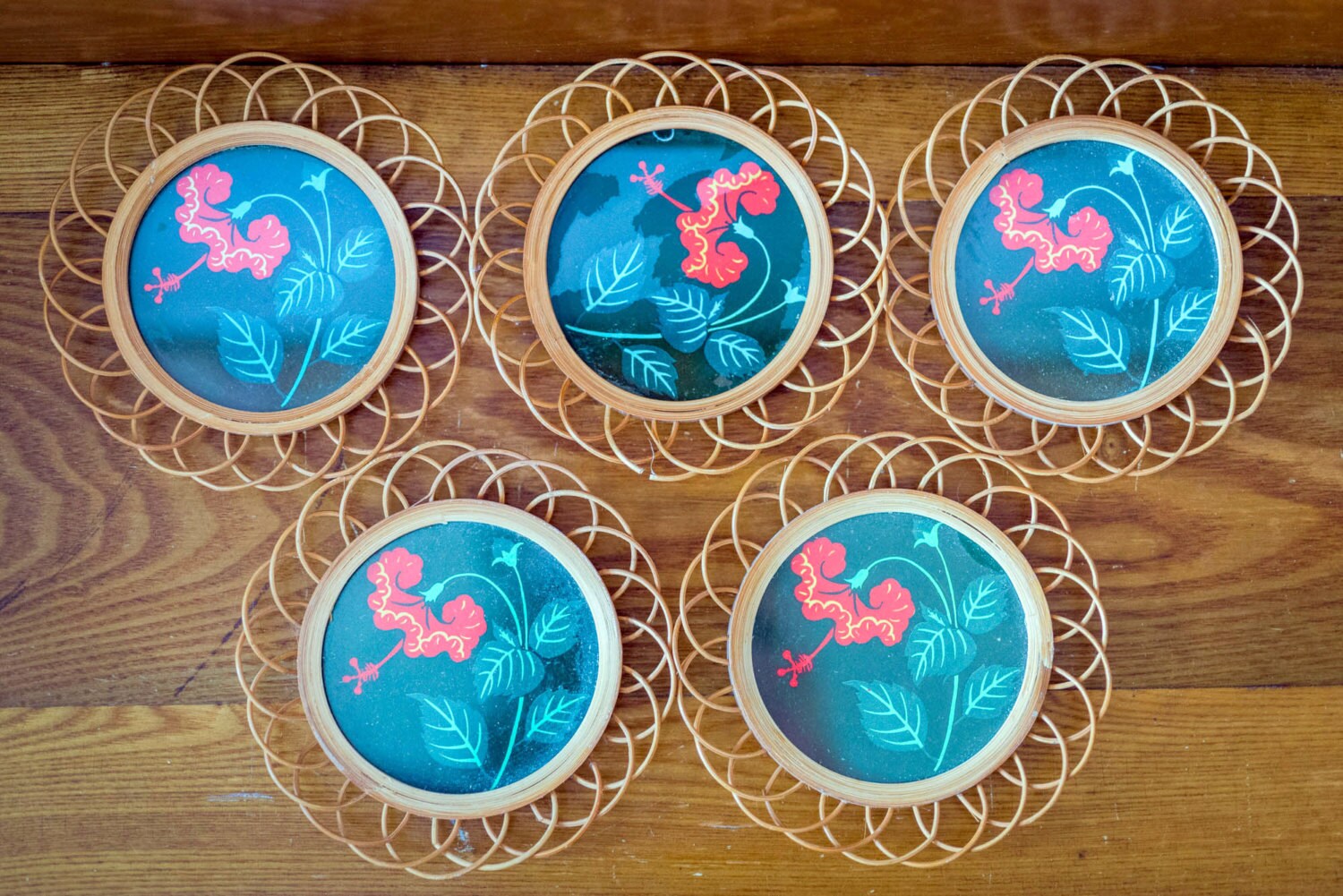 Art Deco Wicker and Glass Coasters Set – Cottage Flower Coasters Set ...