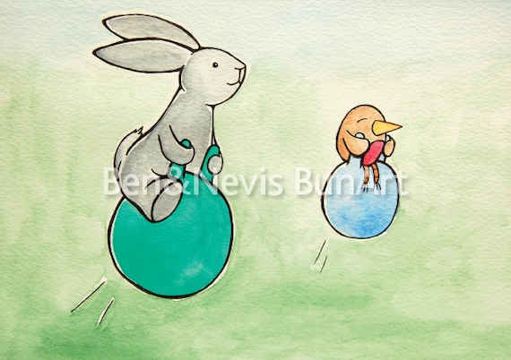Hoppy bunny and robin on space hoppers watercolour print