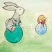 Hoppy bunny and robin on space hoppers watercolour print