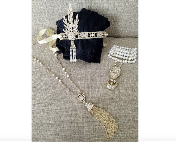 Great Gatsby bracelet hand piece gold crystal Pearl ring