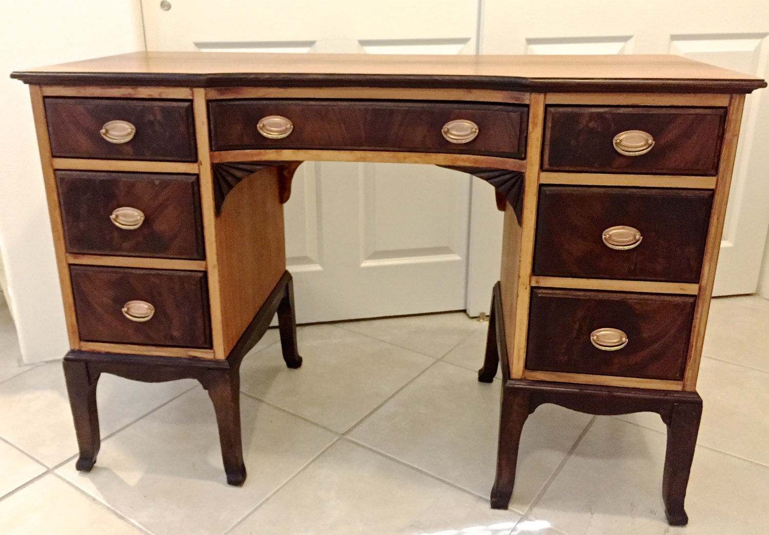Antique two tone walnut wood desk with original brass pulls – Haute Juice