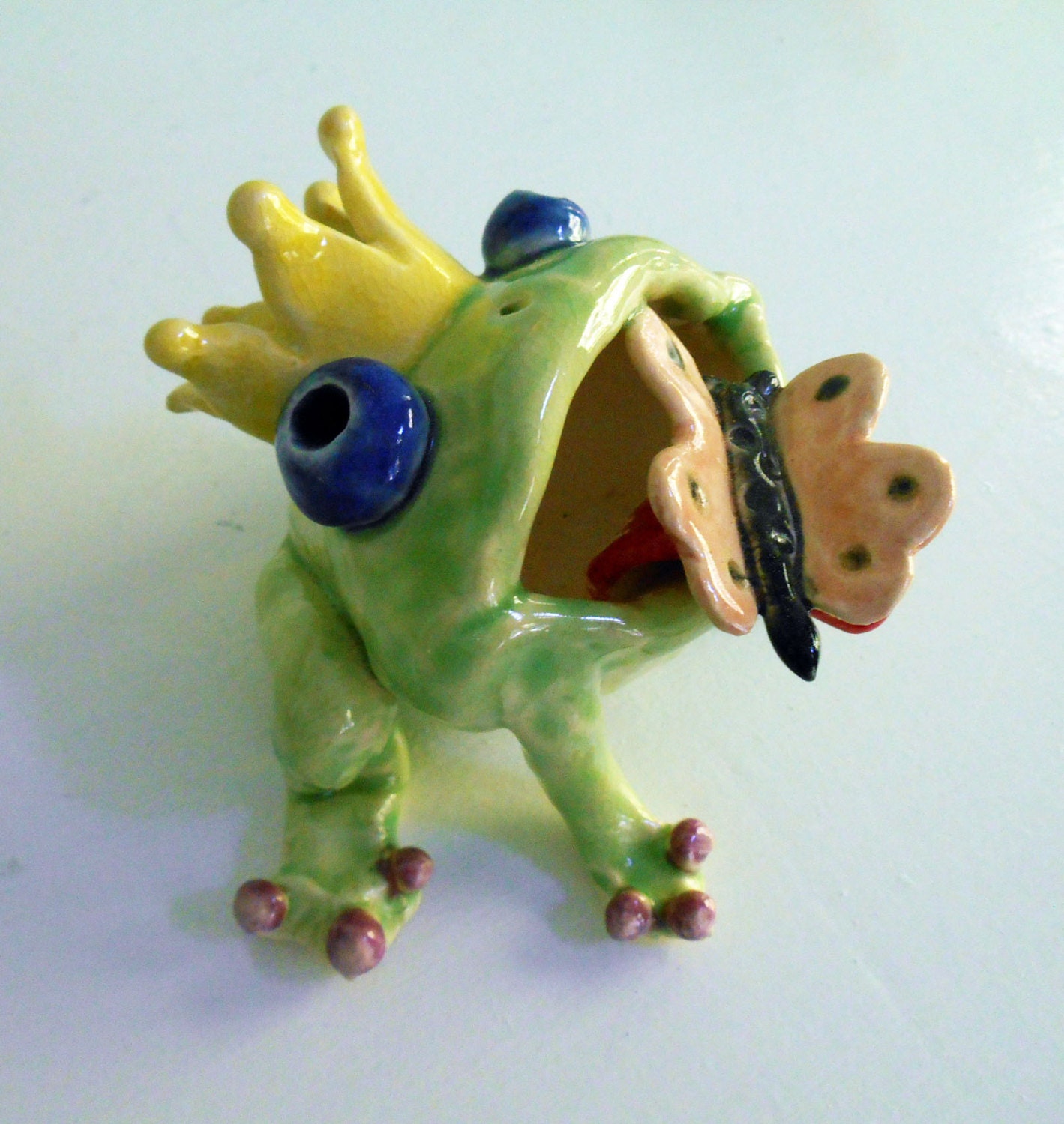 Hand sculpted King Lime Green Clay Frog with Pink Butterfly