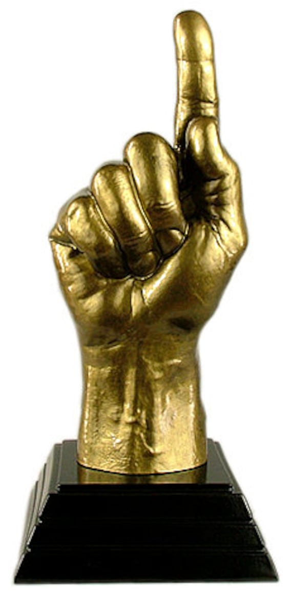 Pointing finger Number One sign trophy award.