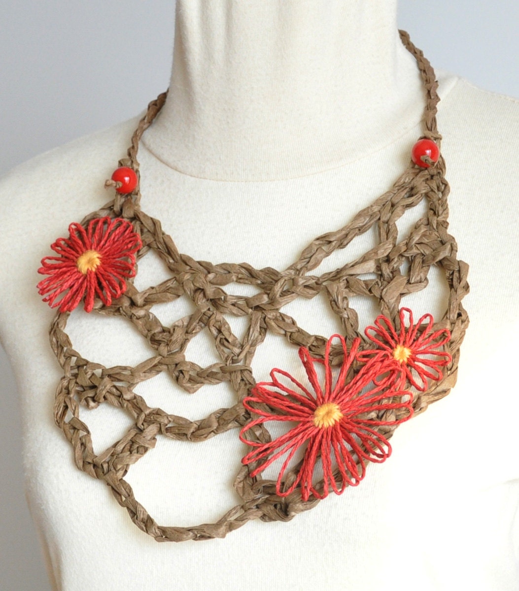 Daisy Bib Red and Brown Paper Raffia Loom Flower by jennysunny