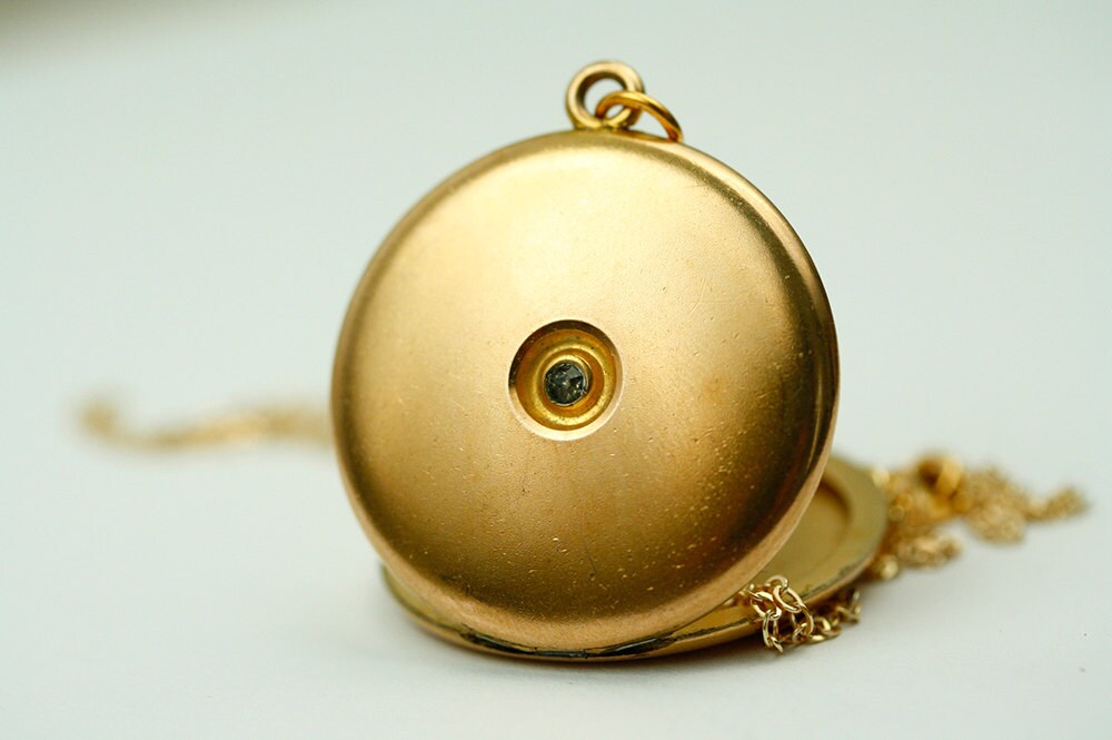 Vintage Round Gold Locket with Gem, Long Chain Minimalist Locket ...