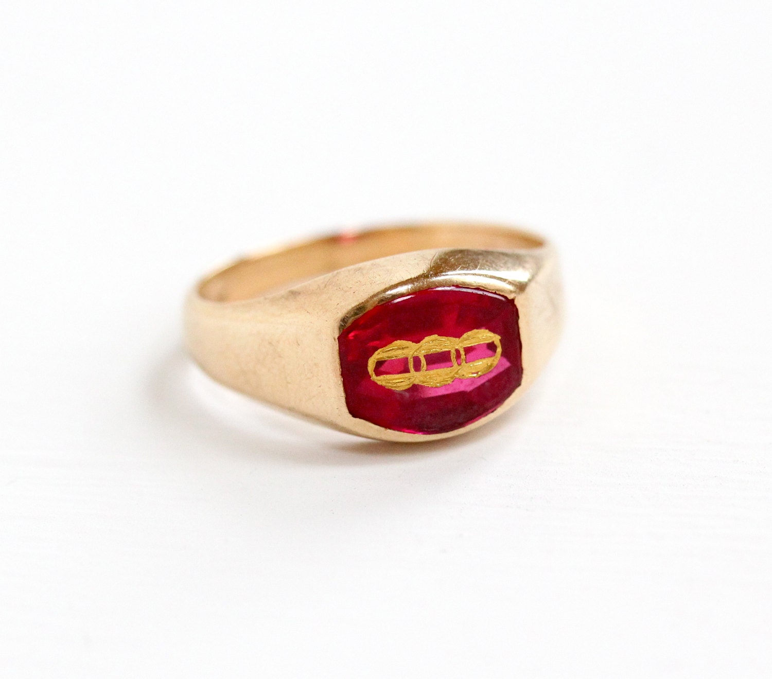 Sale Vintage 10k Yellow Gold Odd Fellows Created Ruby Ring