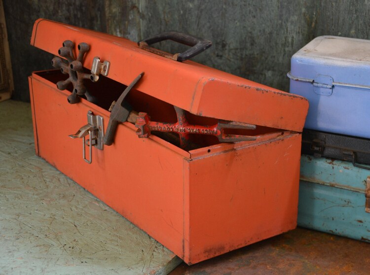 Orange Steel Tool Box: Antique Hardware & Toolbox by MerlesVintage
