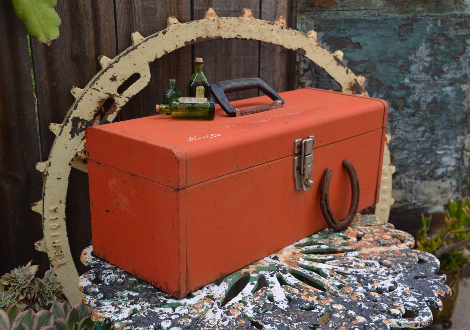 Orange Steel Tool Box: Antique Hardware & Toolbox by MerlesVintage